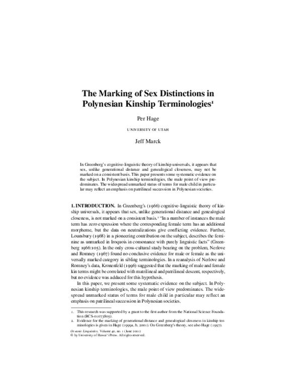 Pdf The Marking Of Sex Distinctions In Polynesian Kinship Terminologies Jeffrey Charles 