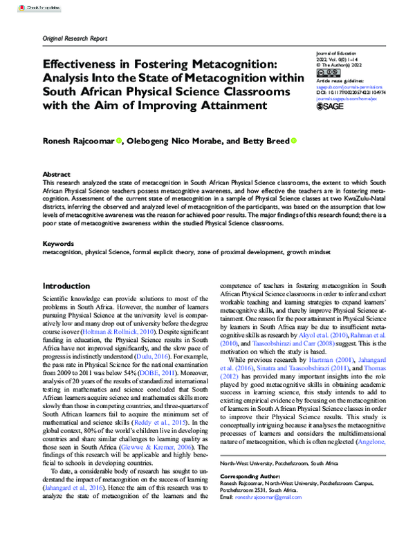 (PDF) Effectiveness in Fostering Metacognition: Analysis Into the State of Metacognition within ...