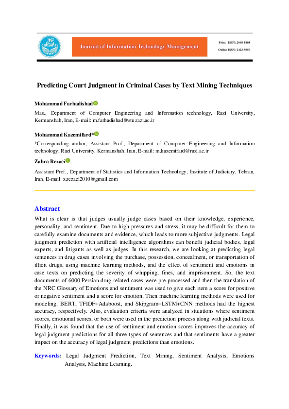 (PDF) Predicting Court Judgment in Criminal Cases by Text Mining Techniques
