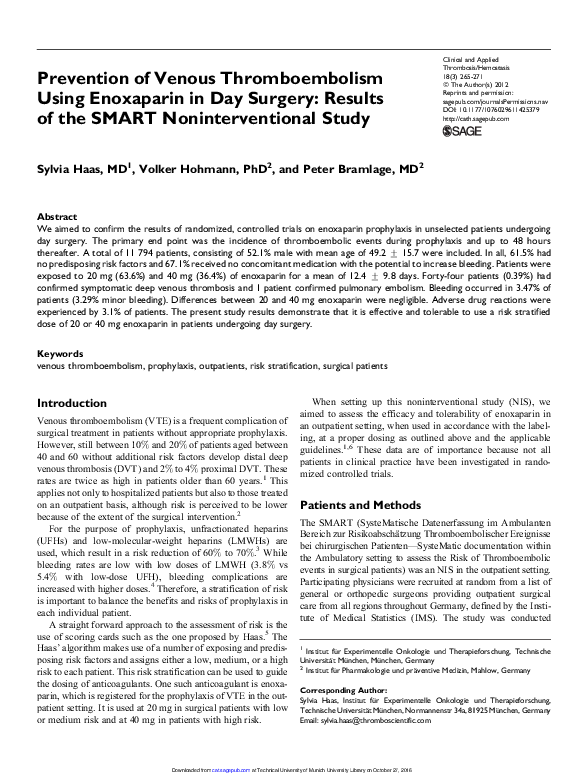 (PDF) Prevention of Venous Thromboembolism Using Enoxaparin in Day Surgery