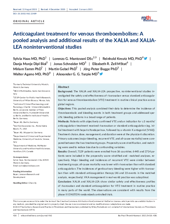 (PDF) Anticoagulant treatment for venous thromboembolism: A pooled ...