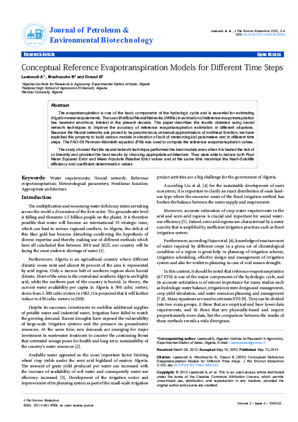 Pdf Conceptual Reference Evapotranspiration Models For Different Time Steps