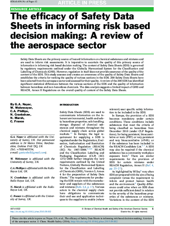 (PDF) The efficacy of Safety Data Sheets in informing risk based ...