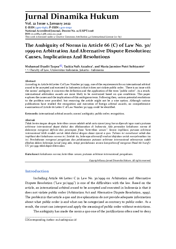 (PDF) The Ambiguity of Norms in Article 66 (C) of Law No. 30/1999 on ...