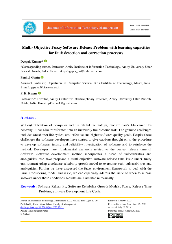 (PDF) Multi-Objective Fuzzy Software Release Problem with learning capacities for fault ...
