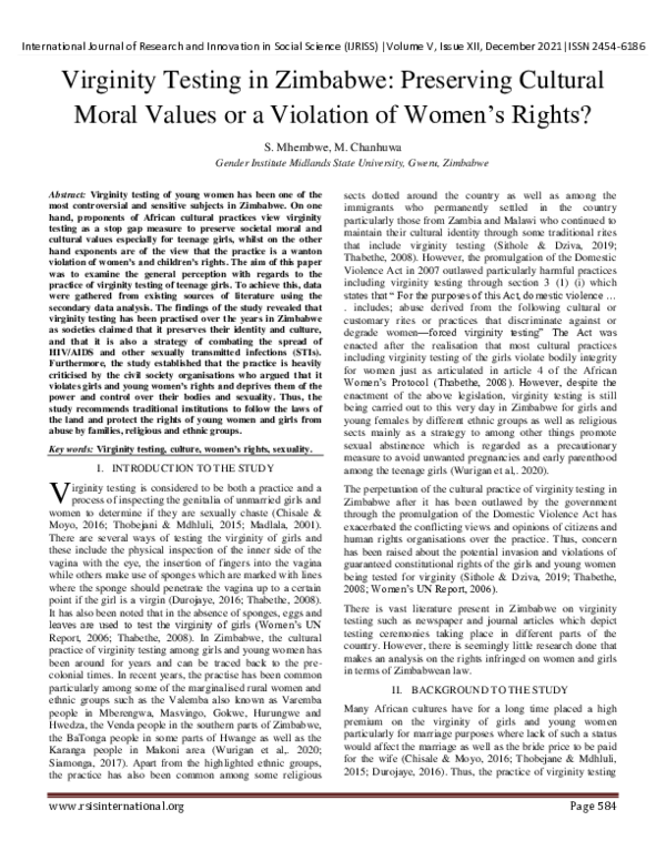 (PDF) Virginity Testing in Zimbabwe: Preserving Cultural Moral Values ...
