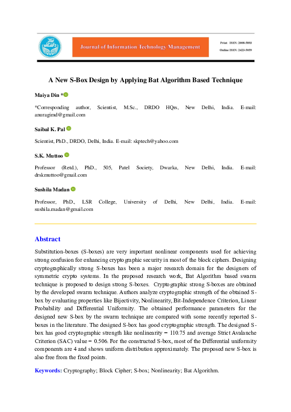 Pdf A New S Box Design By Applying Bat Algorithm Based Technique