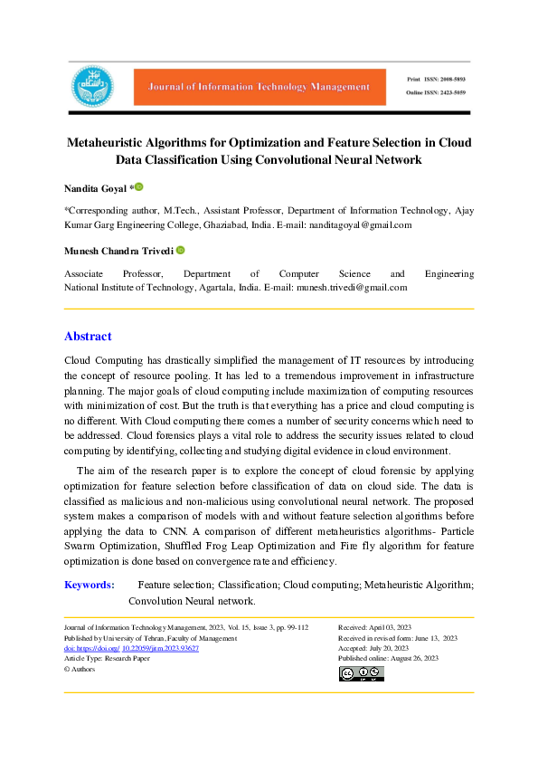 Pdf Metaheuristic Algorithms For Optimization And Feature Selection In Cloud Data