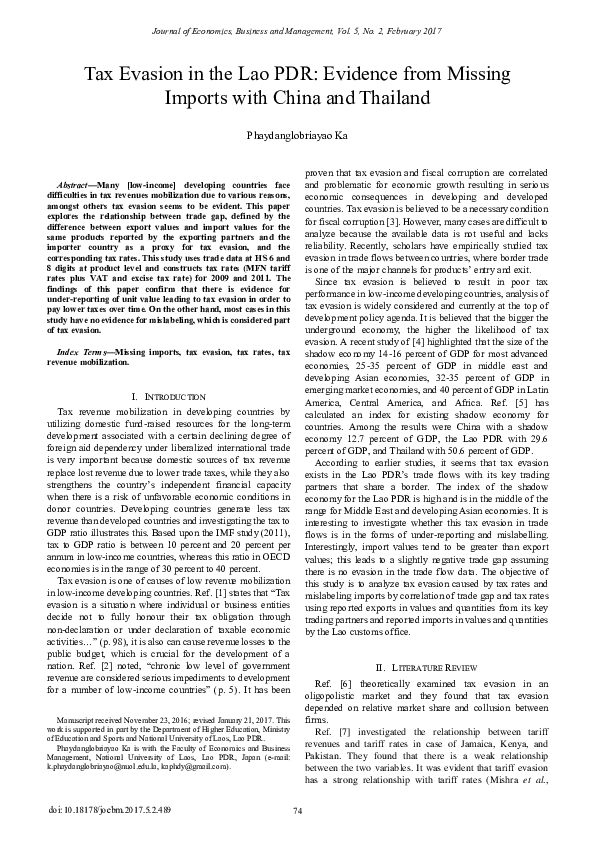 (PDF) Tax Evasion in the Lao PDR: Evidence from Missing Imports with ...