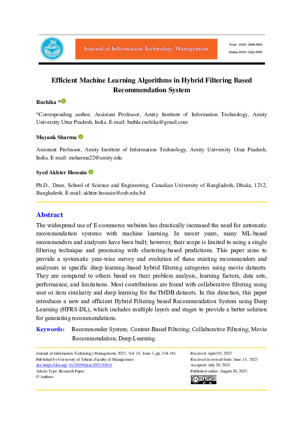 Efficient Machine Learning Algorithms in Hybrid Filtering Based ... Efficient Machine Learning Algorithms in Hybrid Filtering Based ...