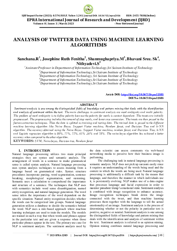 Pdf Analysis Of Twitter Data Using Machine Learning Algorithms 4257