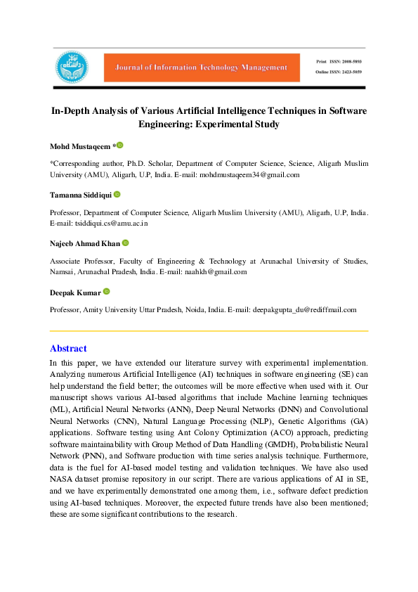 (PDF) In-Depth Analysis of Various Artificial Intelligence Techniques in Software Engineering ...