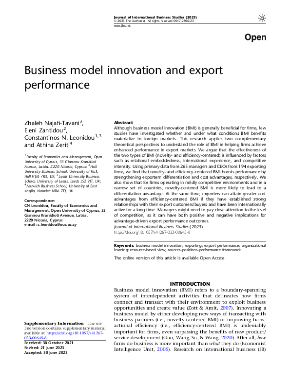(PDF) Business model innovation and export performance