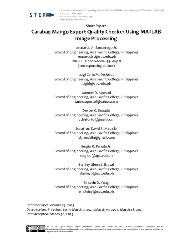 (PDF) Carabao Mango Export Quality Checker Using MATLAB Image Processing