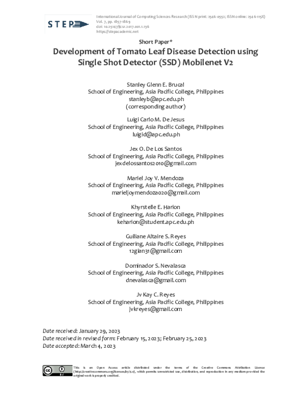 Pdf Development Of Tomato Leaf Disease Detection Using Single Shot Detector Ssd Mobilenet V2