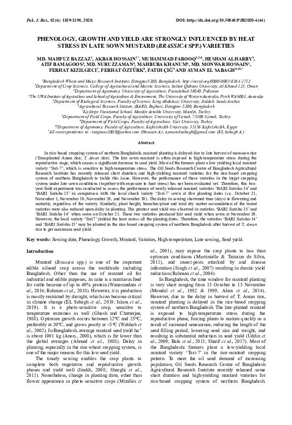 (PDF) Phenology, growth and yield are strongly influenced by heat stress in late sown mustard ...