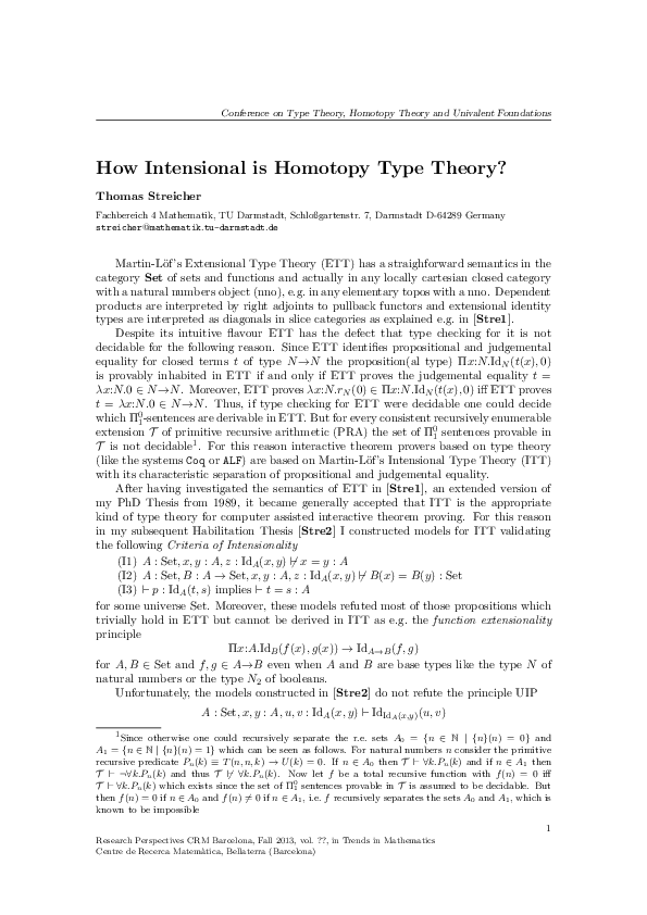(PDF) How Intensional Is Homotopy Type Theory?