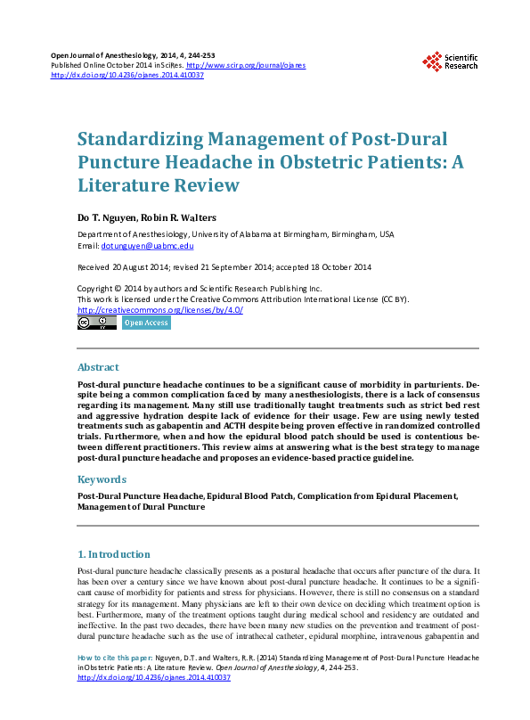 (PDF) Standardizing Management of Post-Dural Puncture Headache in ...