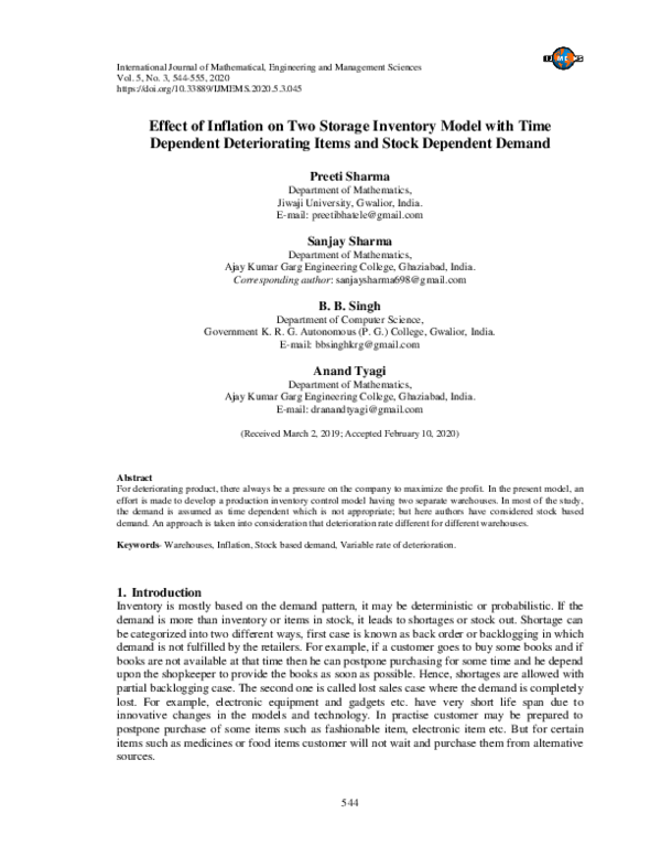 Pdf Effect Of Inflation On Two Storage Inventory Model With Time Dependent Deteriorating Items