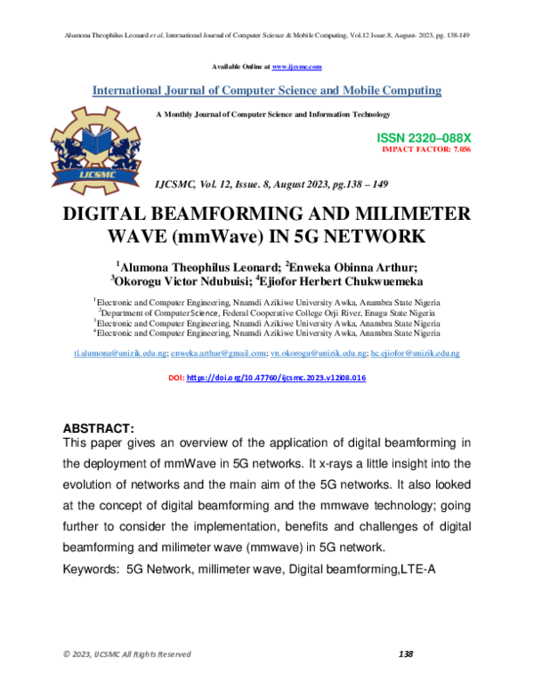 (PDF) DIGITAL BEAMFORMING AND MILIMETER WAVE (mmWave) IN 5G NETWORK