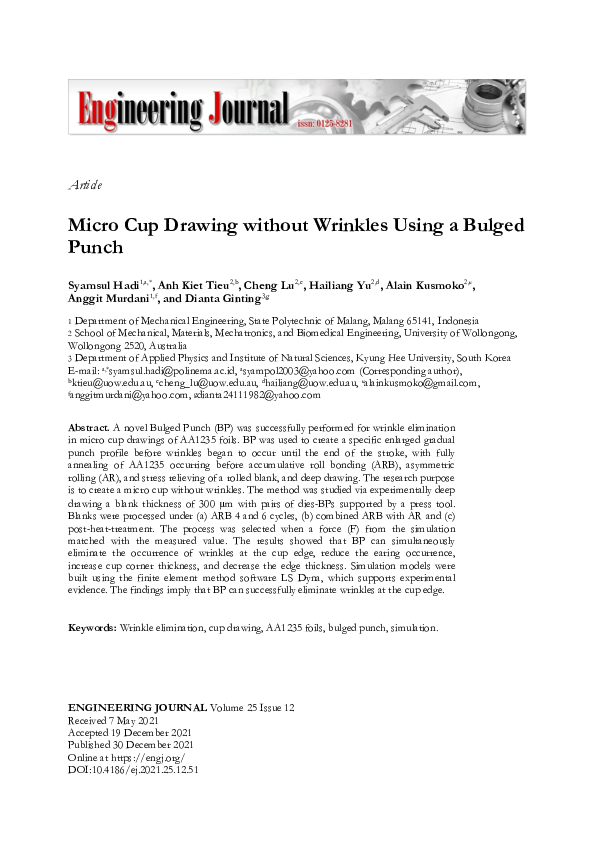 (PDF) Micro Cup Drawing without Wrinkles Using a Bulged Punch | Alain ...
