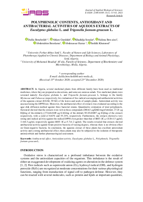 (PDF) POLYPHENOLIC CONTENTS, ANTIOXIDANT AND ANTIBACTERIAL ACTIVITIES OF AQUEOUS EXTRACTS OF ...