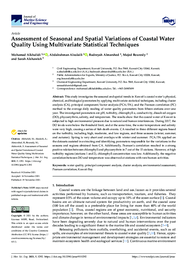Pdf Assessment Of Seasonal And Spatial Variations Of Coastal Water