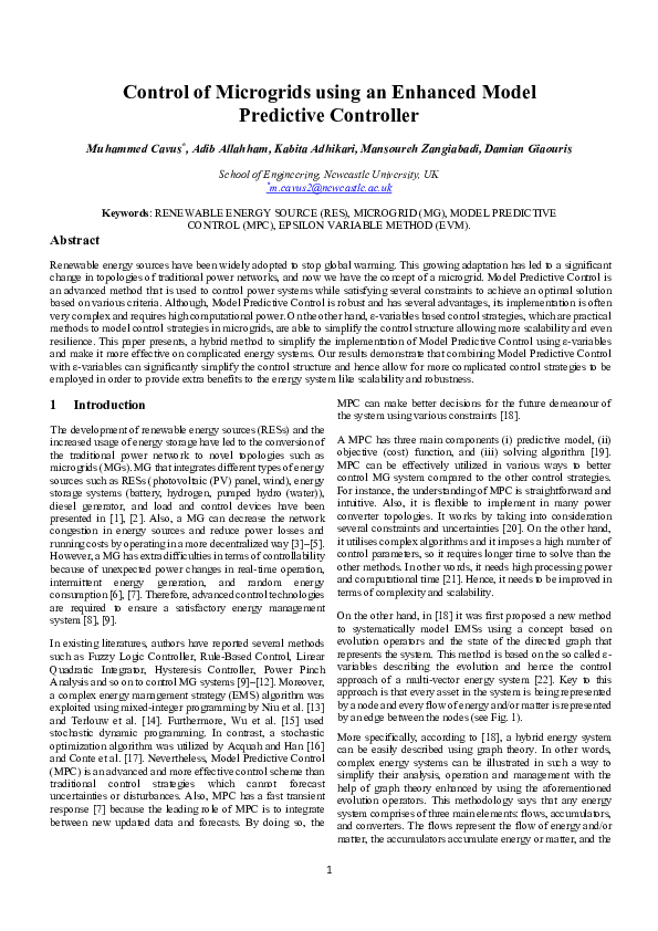 Pdf Control Of Microgrids Using An Enhanced Model Predictive Controller