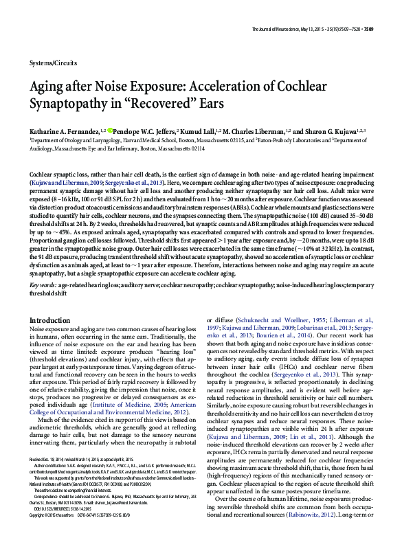 (PDF) Aging after noise exposure: acceleration of cochlear synaptopathy ...