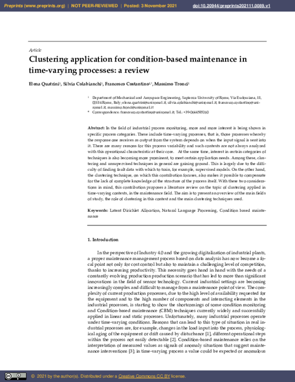 Pdf Clustering Application For Condition Based Maintenance In Time Varying Processes A Review 7502