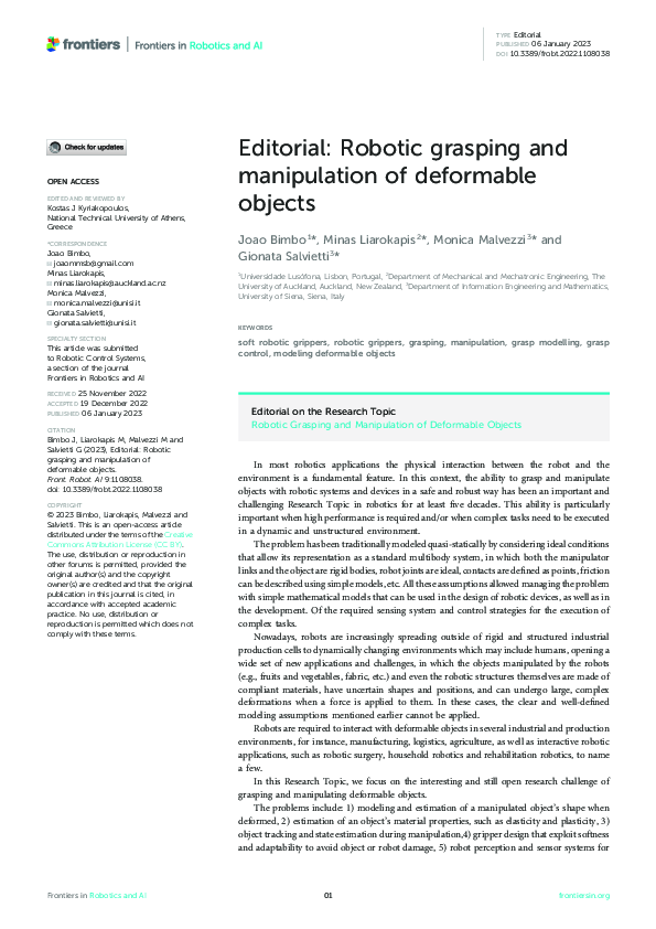 Pdf Robotic Grasping And Manipulation Of Deformable Objects