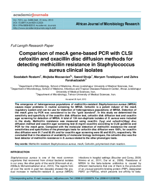 (PDF) Comparison of mecA gene-based PCR with CLSI cefoxitin and oxacillin disc diffusion methods ...