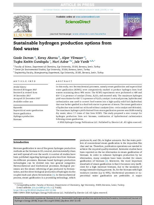 (PDF) Sustainable hydrogen production options from food wastes