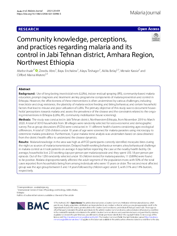 (PDF) Community knowledge, perceptions, and practices regarding malaria and its control in Jabi ...
