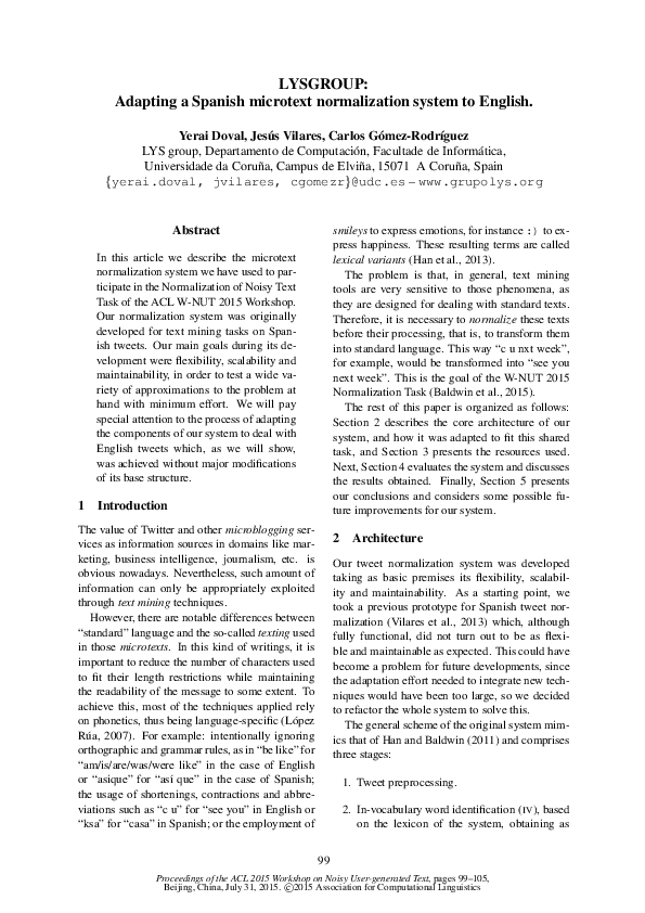 (PDF) LYSGROUP: Adapting a Spanish microtext normalization system to ...