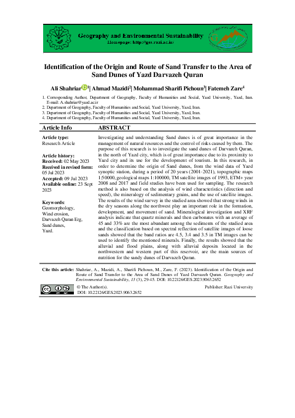 (PDF) Identification of the Origin and Route of Sand Transfer to the Area of Sand Dunes of Yazd ...