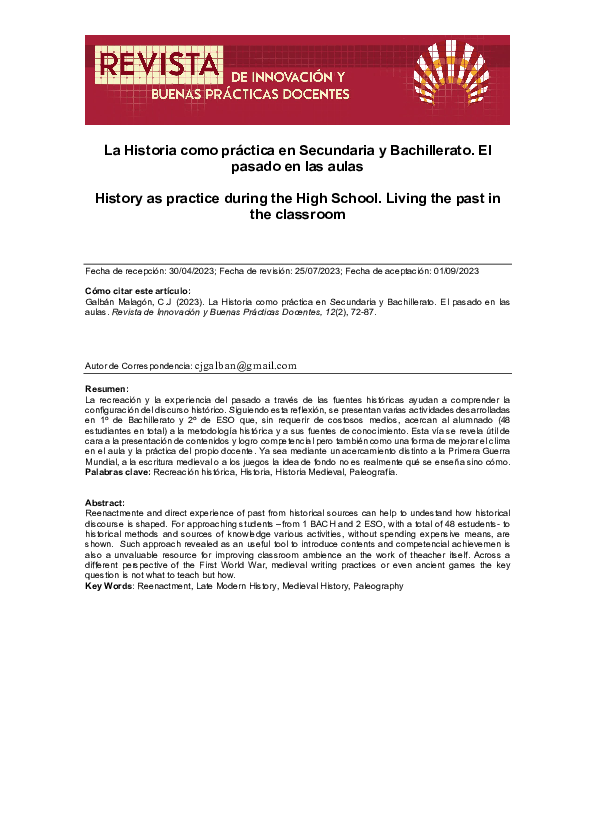 (PDF) La Historia como práctica en Secundaria y Bachillerato. El pasado en las aulas History as ...