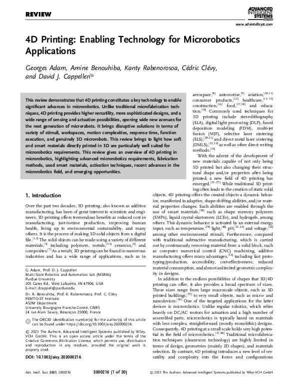 (PDF) 4D Printing: Enabling Technology for Microrobotics Applications