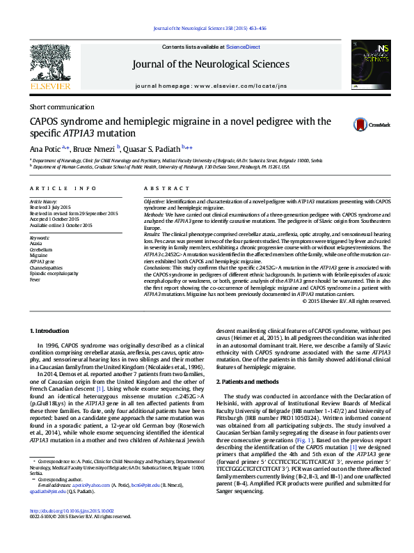(PDF) CAPOS syndrome and hemiplegic migraine in a novel pedigree with ...