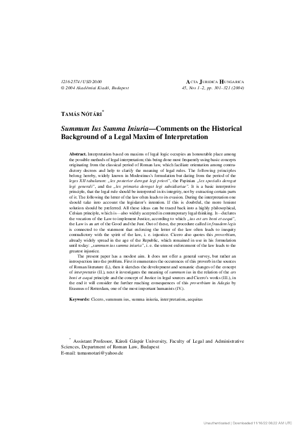 (PDF) Summum Ius Summa Iniuria-Comments on the Historical Background of ...