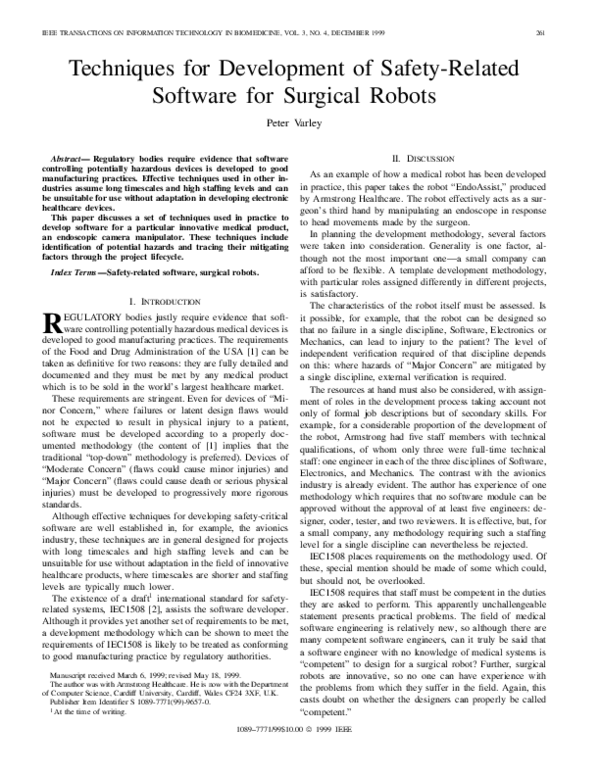 (PDF) Techniques for development of safety-related software for surgical robots