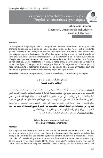 (PDF) Les pronoms adverbiaux « en » et « y » : Emplois et contraintes ...