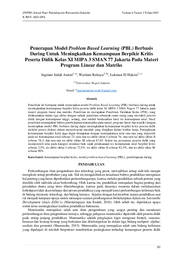 (PDF) Penerapan Model Problem Based Learning (PBL) Berbasis Daring Untuk Meningkatkan Kemampuan ...