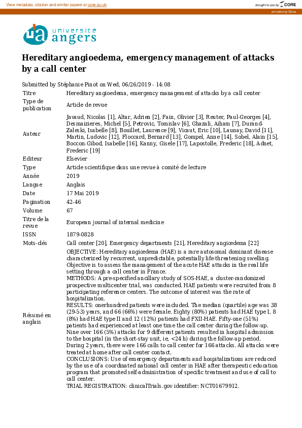 (PDF) Hereditary angioedema, emergency management of attacks by a call ...