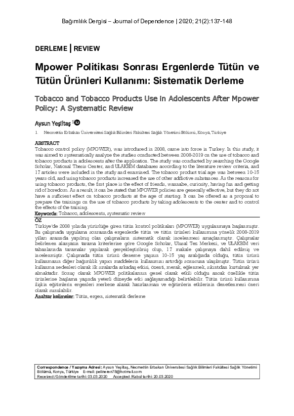 (PDF) Mpower Politikası Sonrası Ergenlerde Tütün ve Tütün Ürünleri Kullanımı: Sistematik Derleme
