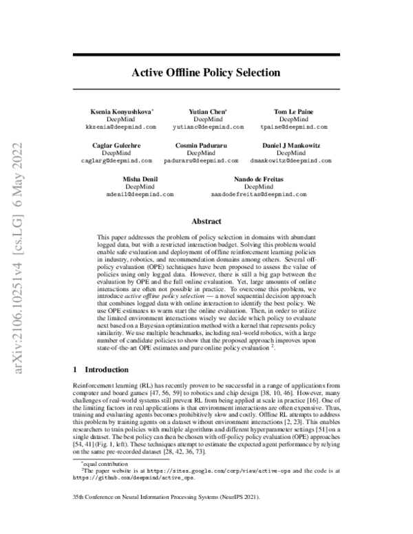 (PDF) Active Offline Policy Selection