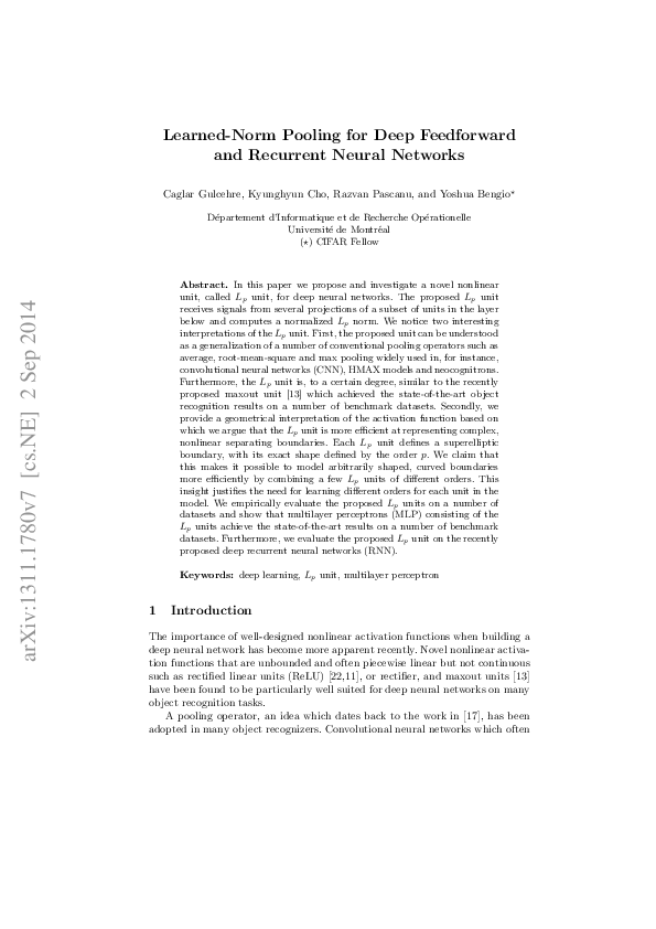 (PDF) Learned-Norm Pooling for Deep Feedforward and Recurrent Neural Networks