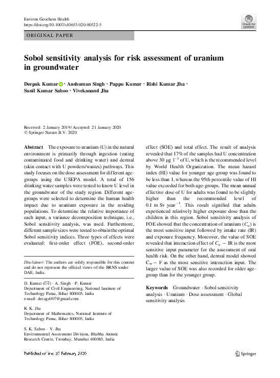 (PDF) Sobol sensitivity analysis for risk assessment of uranium in groundwater | PAPPU KUMAR ...