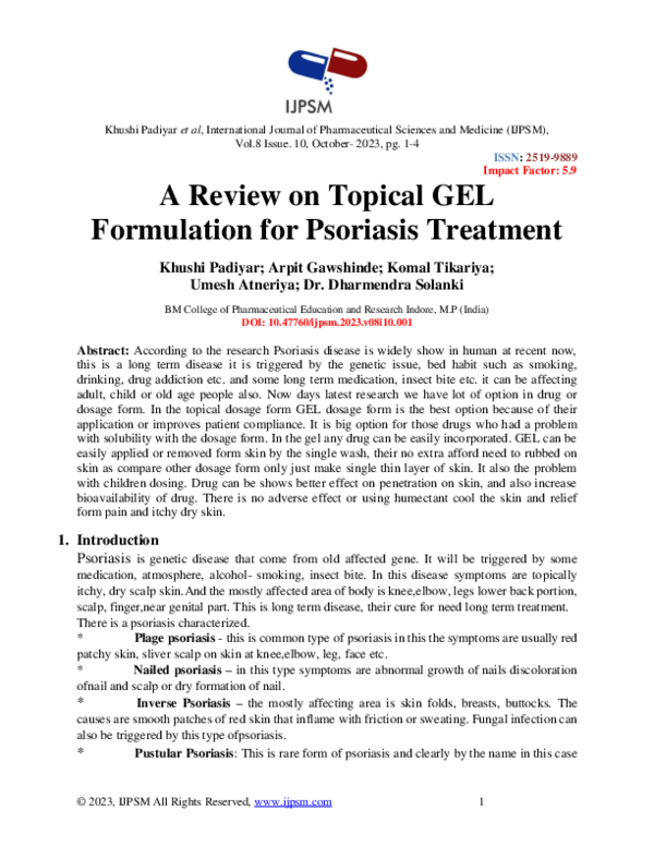 (PDF) A Review on Topical GEL Formulation for Psoriasis Treatment