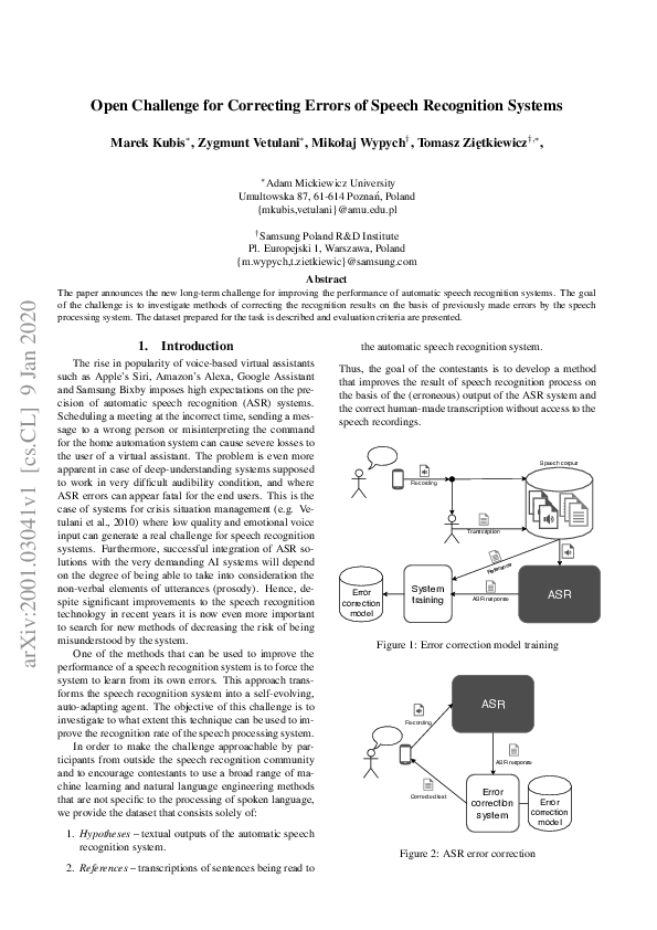 Pdf Open Challenge For Correcting Errors Of Speech Recognition Systems Tomasz Ziętkiewicz